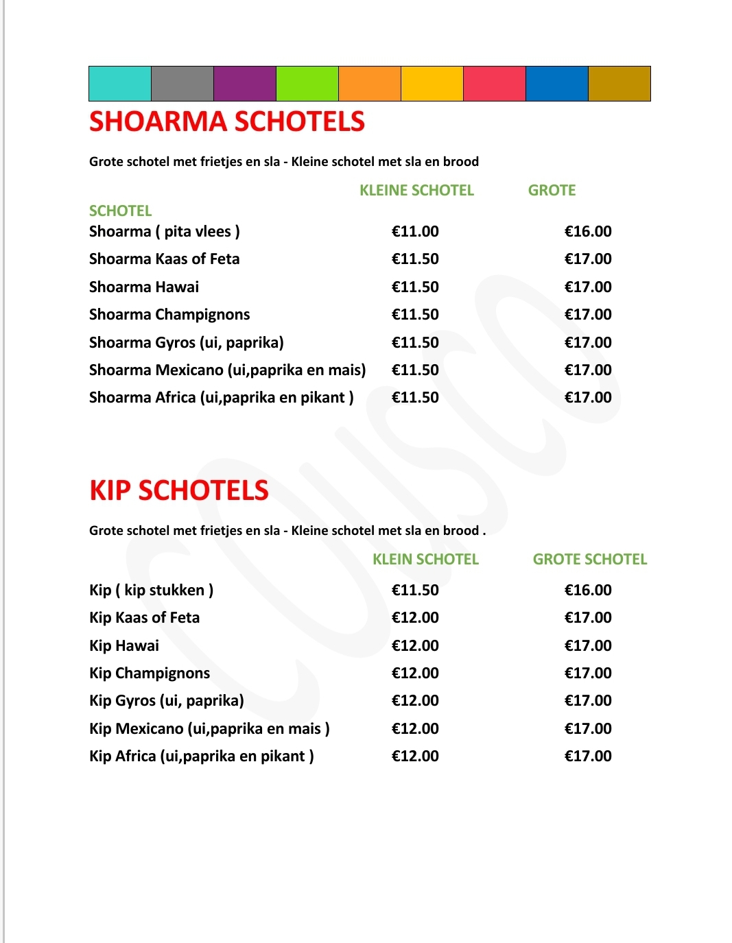 Eethuis Cousco - Menu