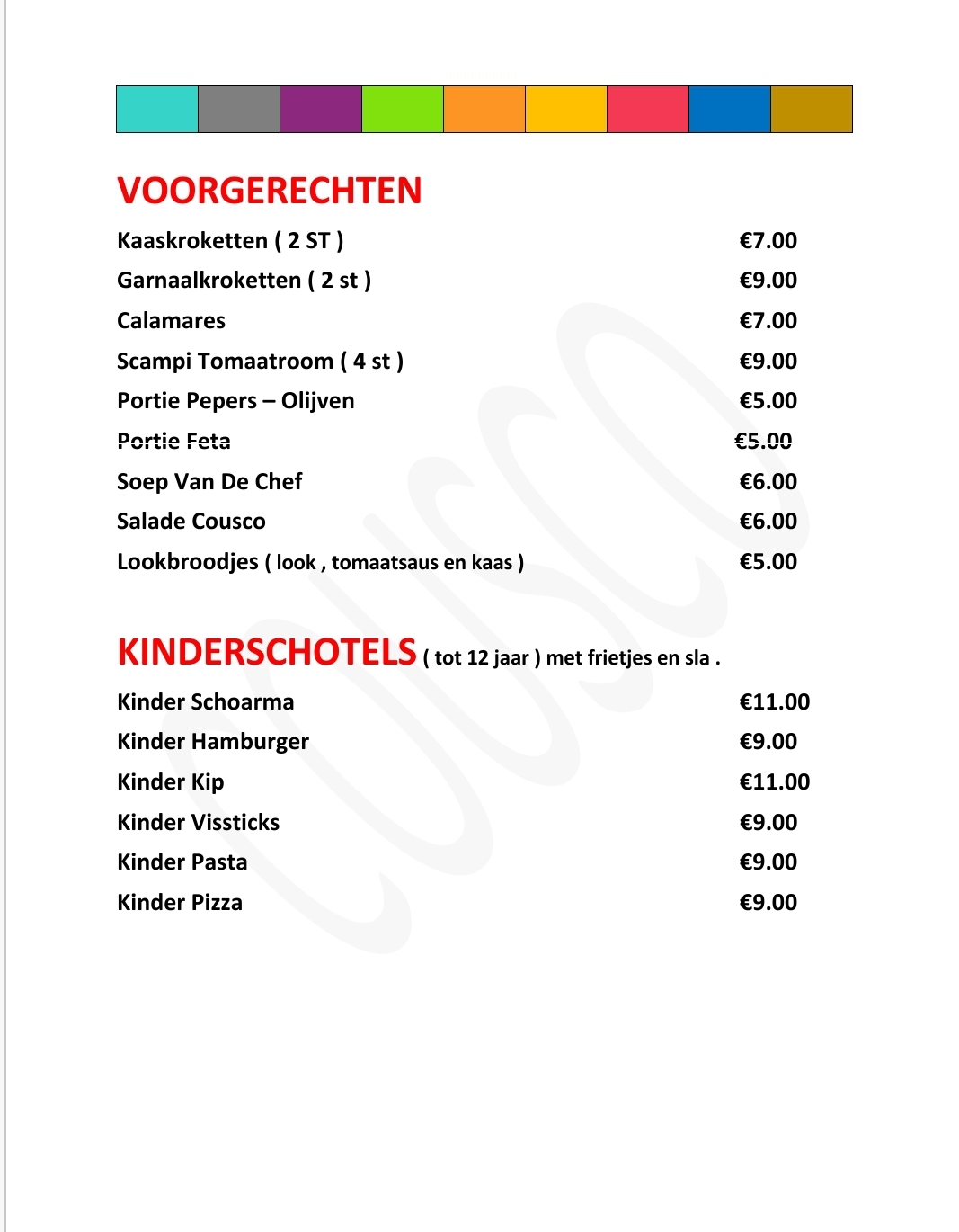 Eethuis Cousco - Menu